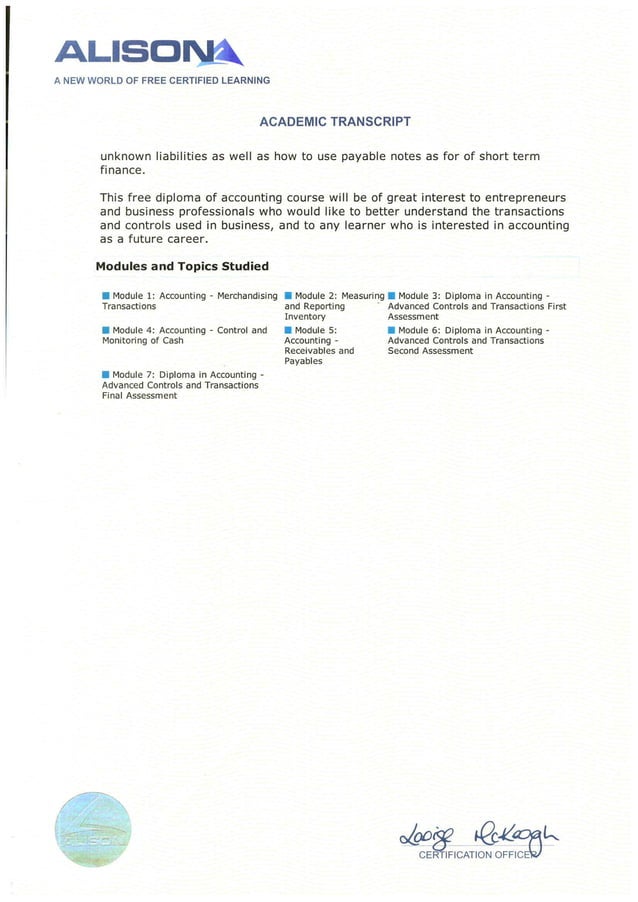 ACADEMIC TRANSCRIPT DIPLOMA IN ACCOUNTING - ADVANCED CONTROLS AND ...