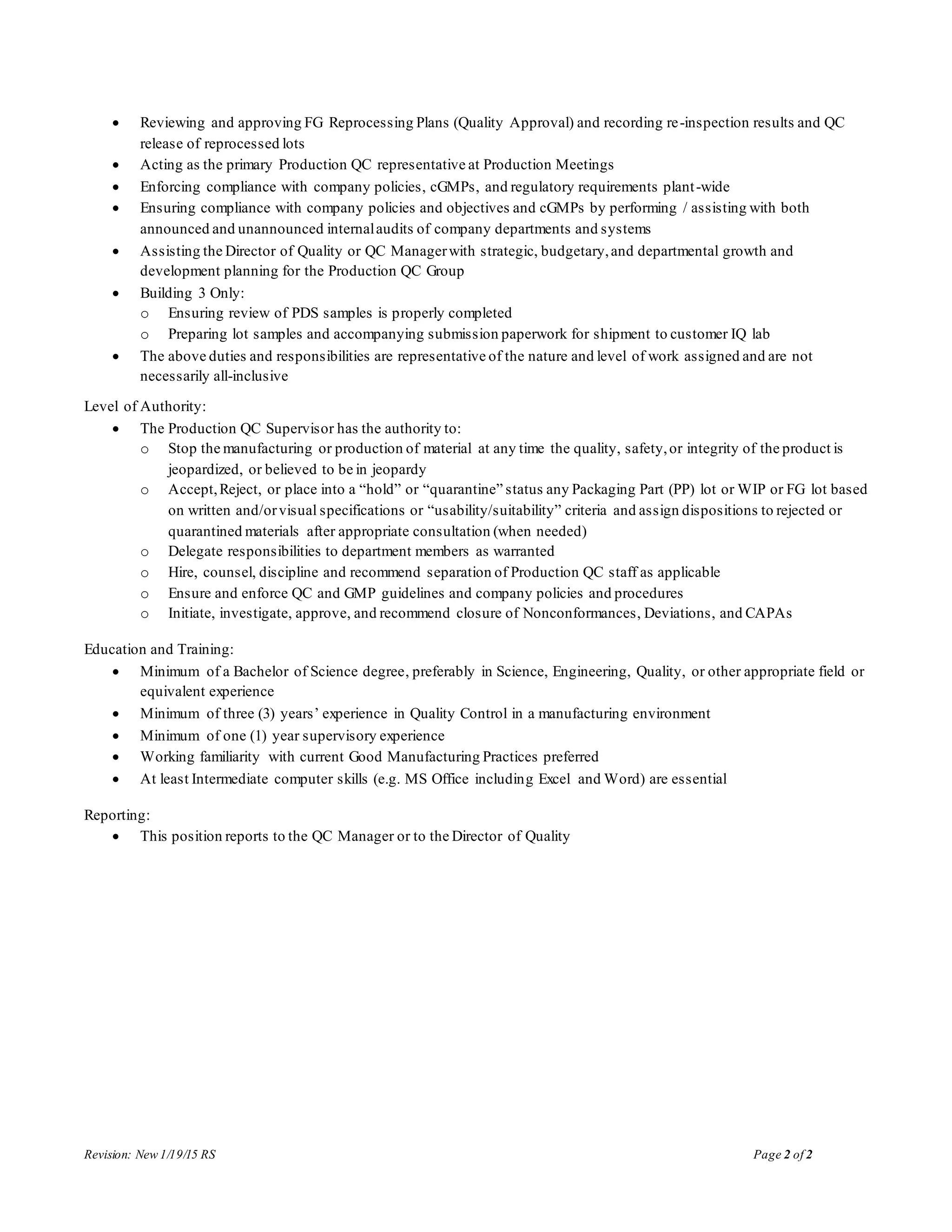 Production QC Supervisor Job Description | DOCX | Manufacturing ...
