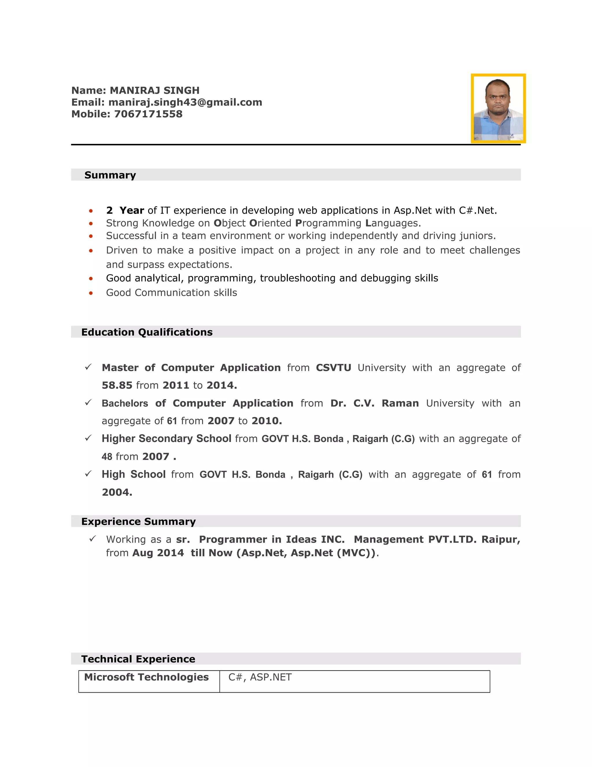 2-Years Exp.Resume(maniraj-7067171558) | PDF
