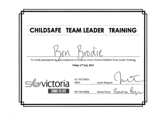 Certificate of Scripture Union Victoria Childsafe Team Leader Training ...