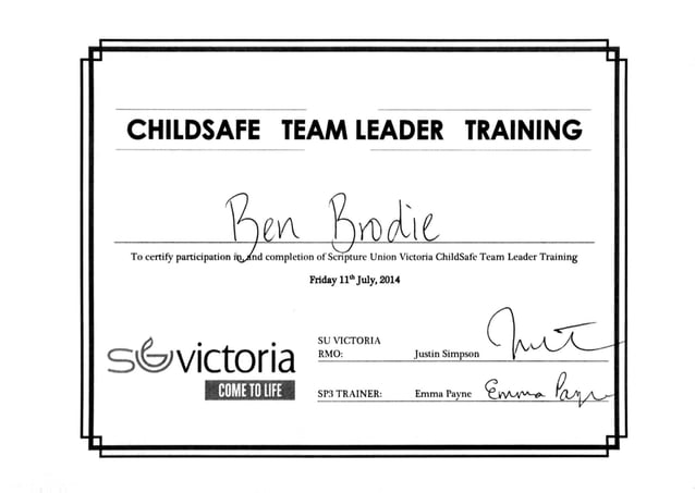 Certificate of Scripture Union Victoria Childsafe Team Leader Training ...