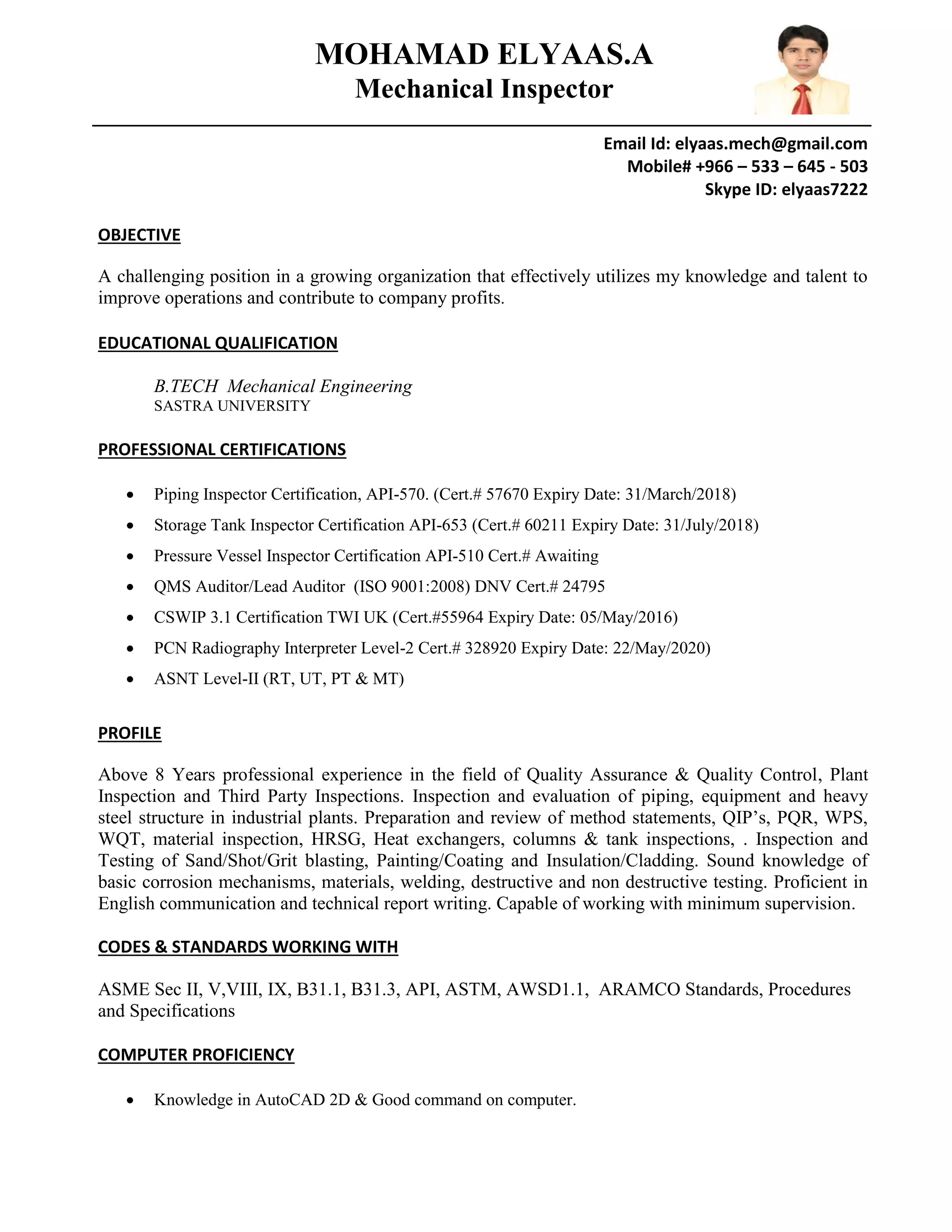 Mohamad Elyaas CV & Certf | PDF