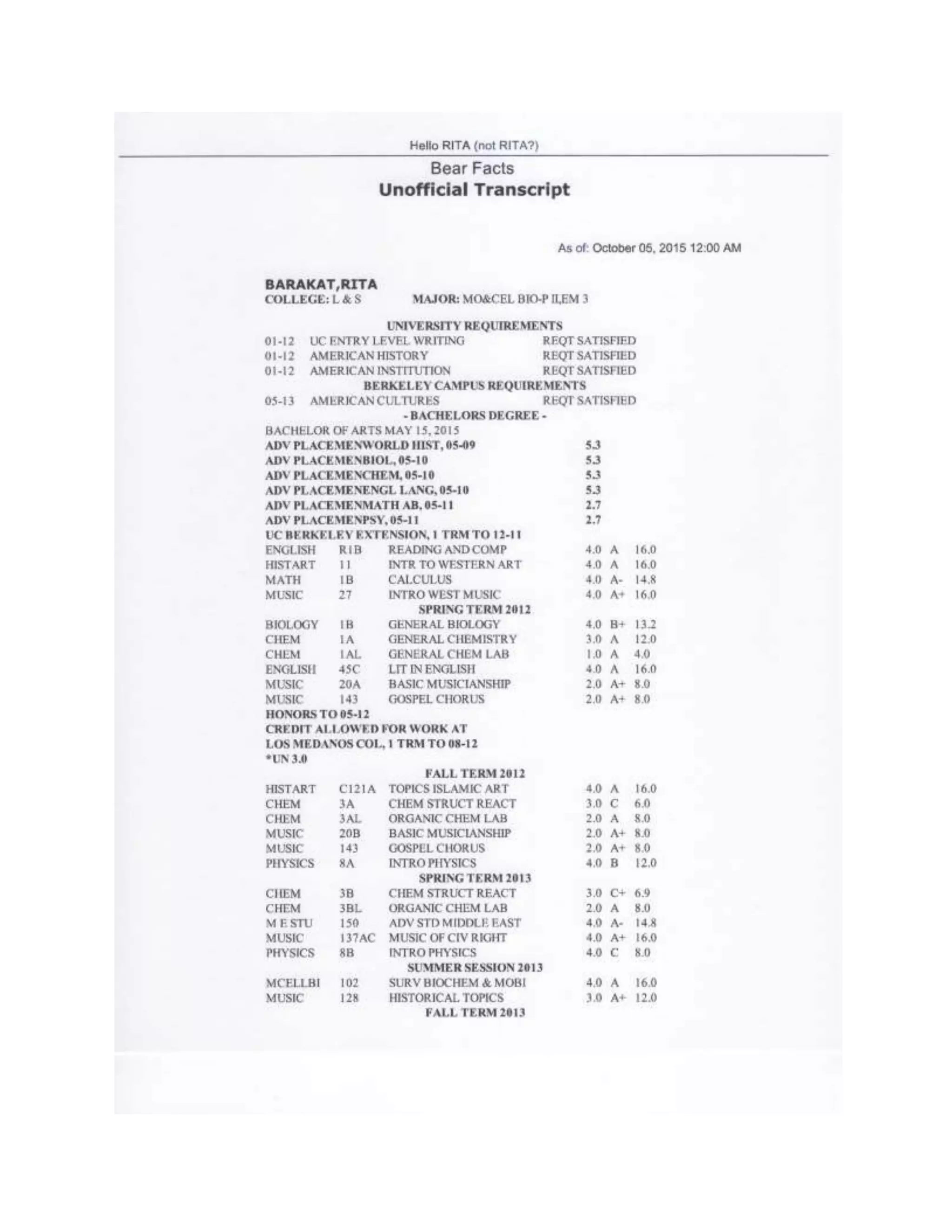 Rita Barakat Unofficial Transcript | PDF