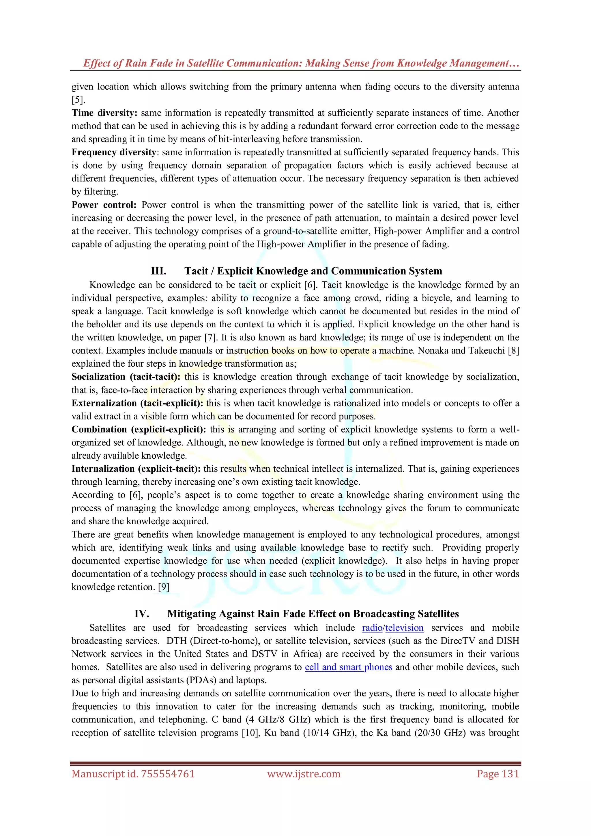 Effect of Rain Fade in Satellite Communication: Making Sense from Knowledge Management Concept | PDF