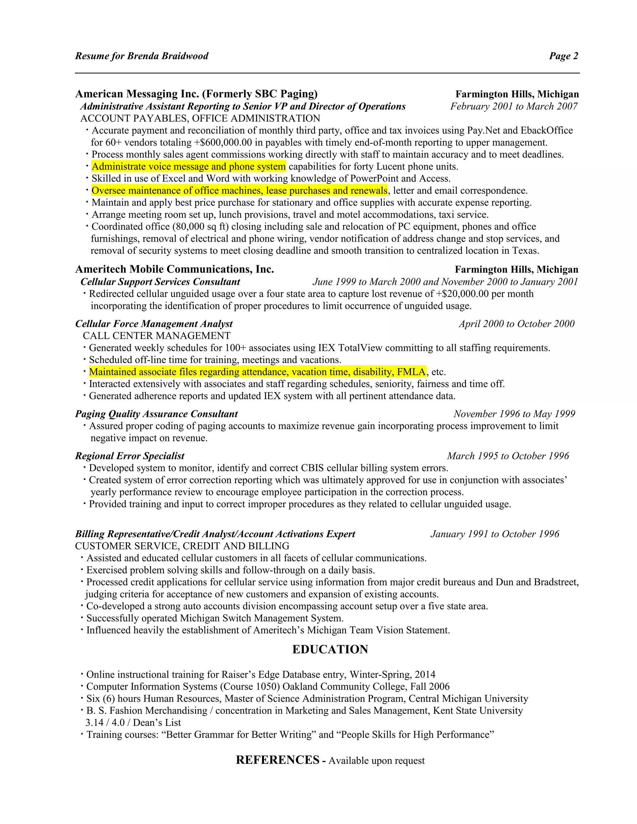 BRENDA BRAIDWOOD PROFILE RESUME 2016(1) | DOC