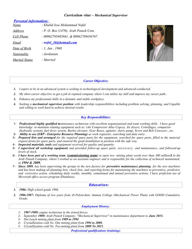 Mechanical Supervisor | DOC | Business | Business and Finance