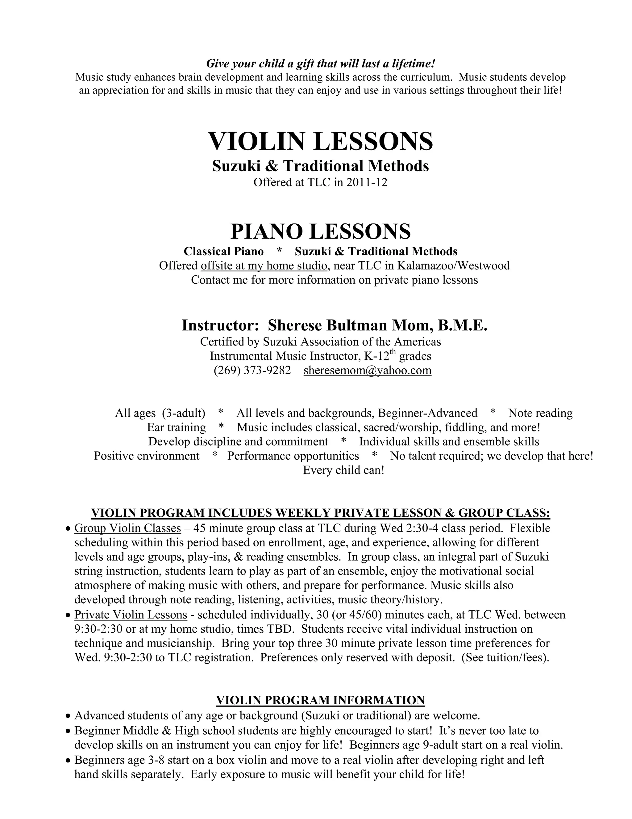 Mom, Sherese Violin + Piano Lessons | PDF