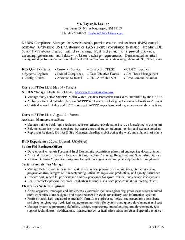 NPDES Program Manager 814 Solutions CV - April 2016 | DOCX