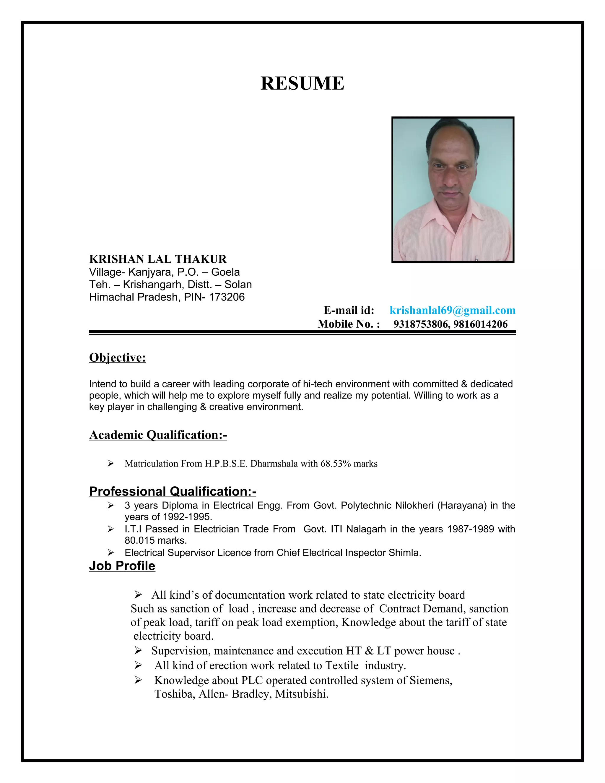 Resume-Krishan Lal Thakur | DOC