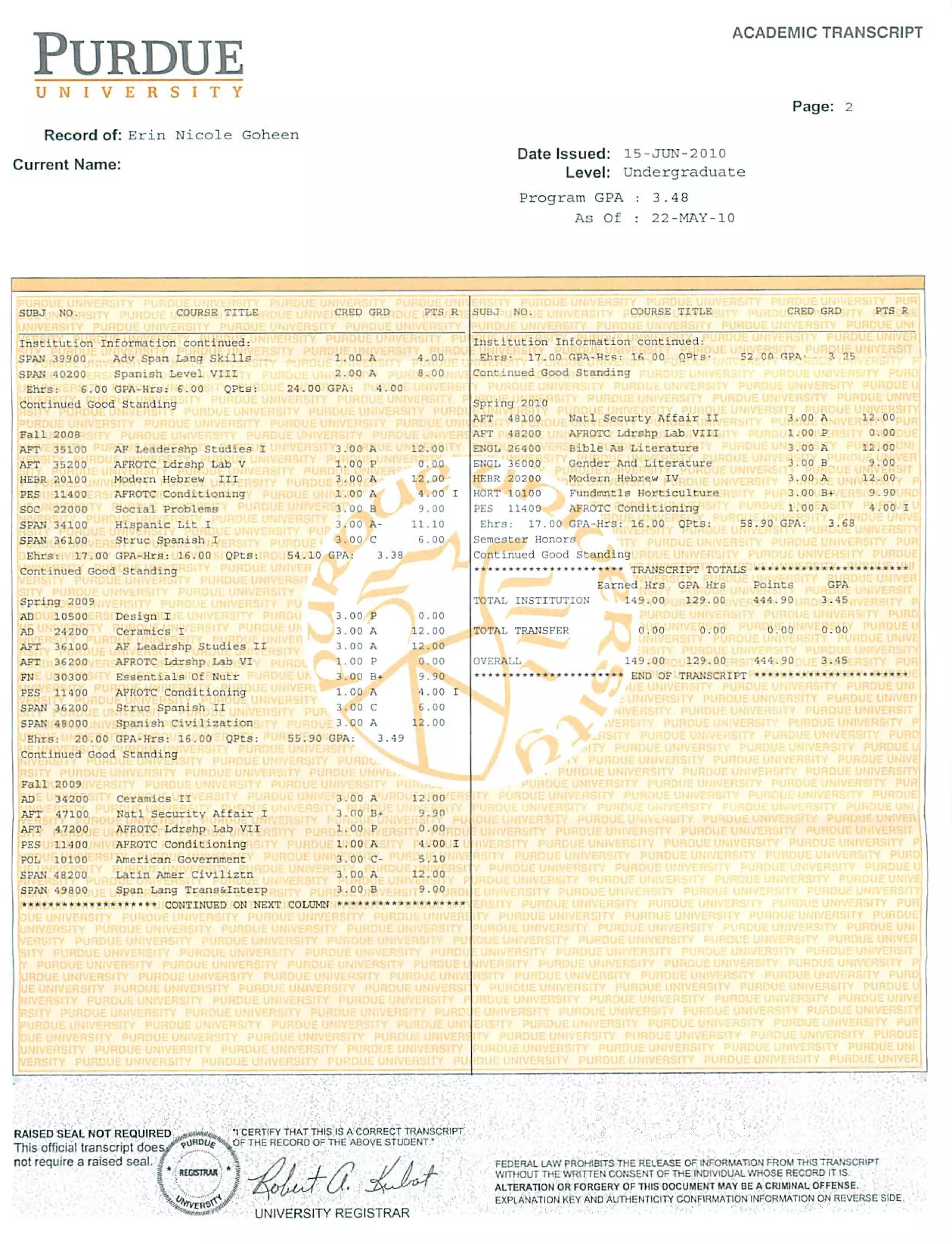 Blake, Erin_Purdue Transcript | PDF