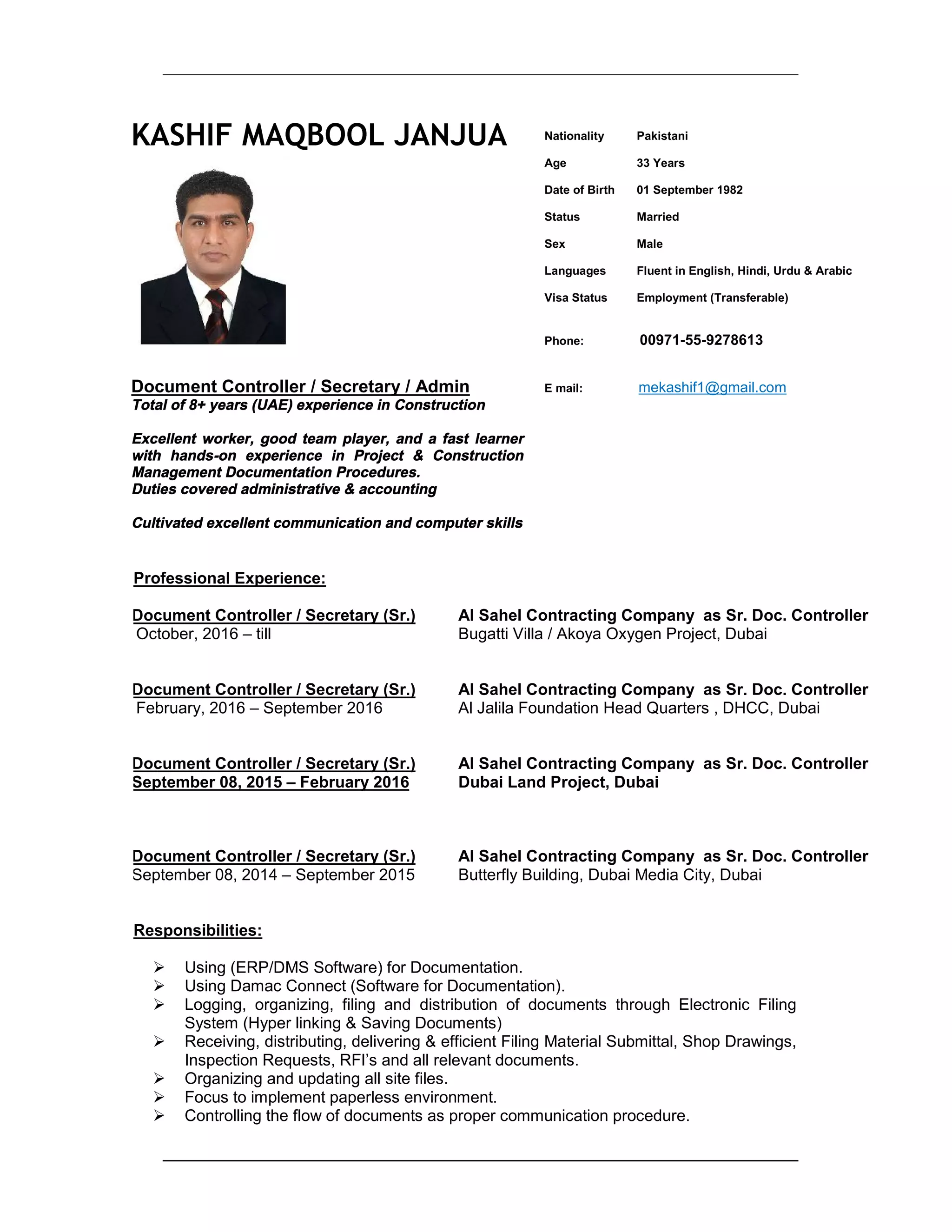 kashif CV - Doc-Controller - Secretary | PDF