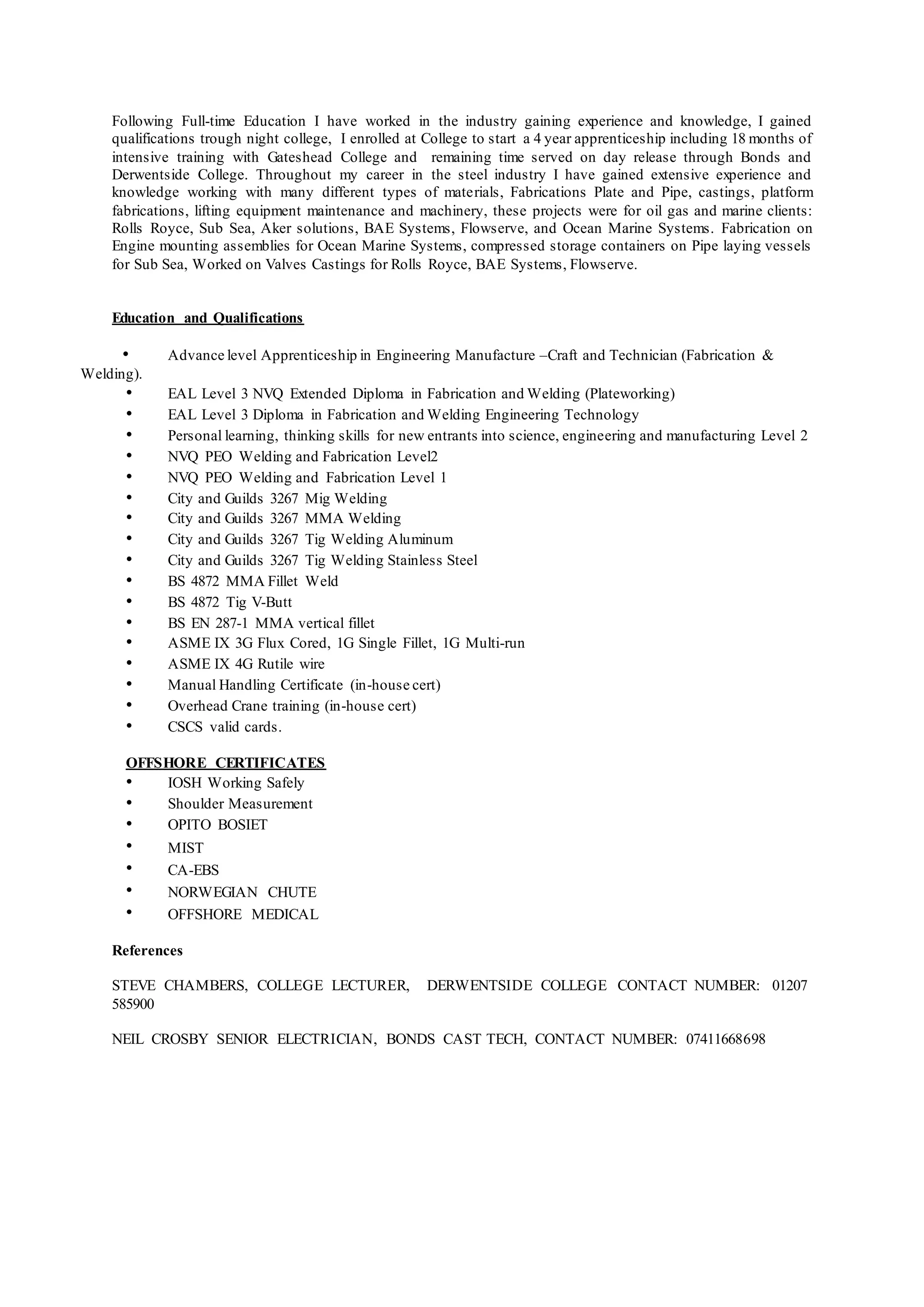 Bryan John Campbell Plater Onshor Offshore CV & Certs Linkedin | DOCX