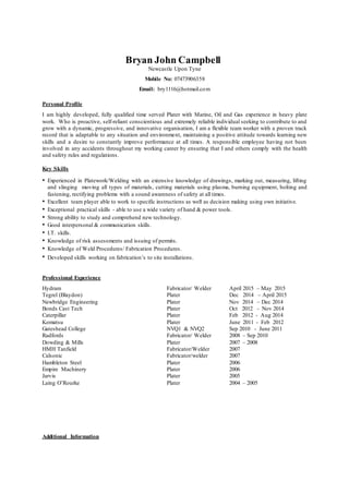 Bryan John Campbell Plater Onshor Offshore CV & Certs Linkedin | PDF