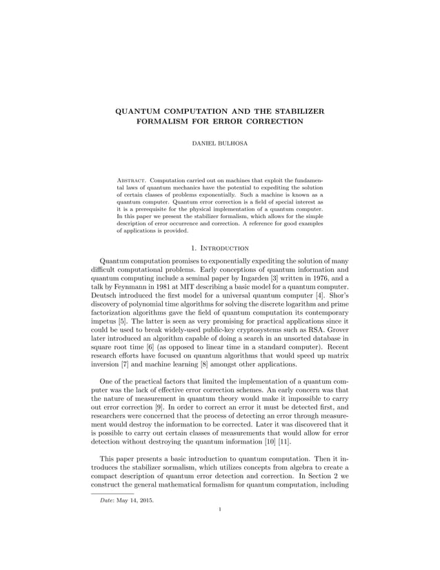Quantum Computation and the Stabilizer Formalism for Error Correction | PDF | Programming ...