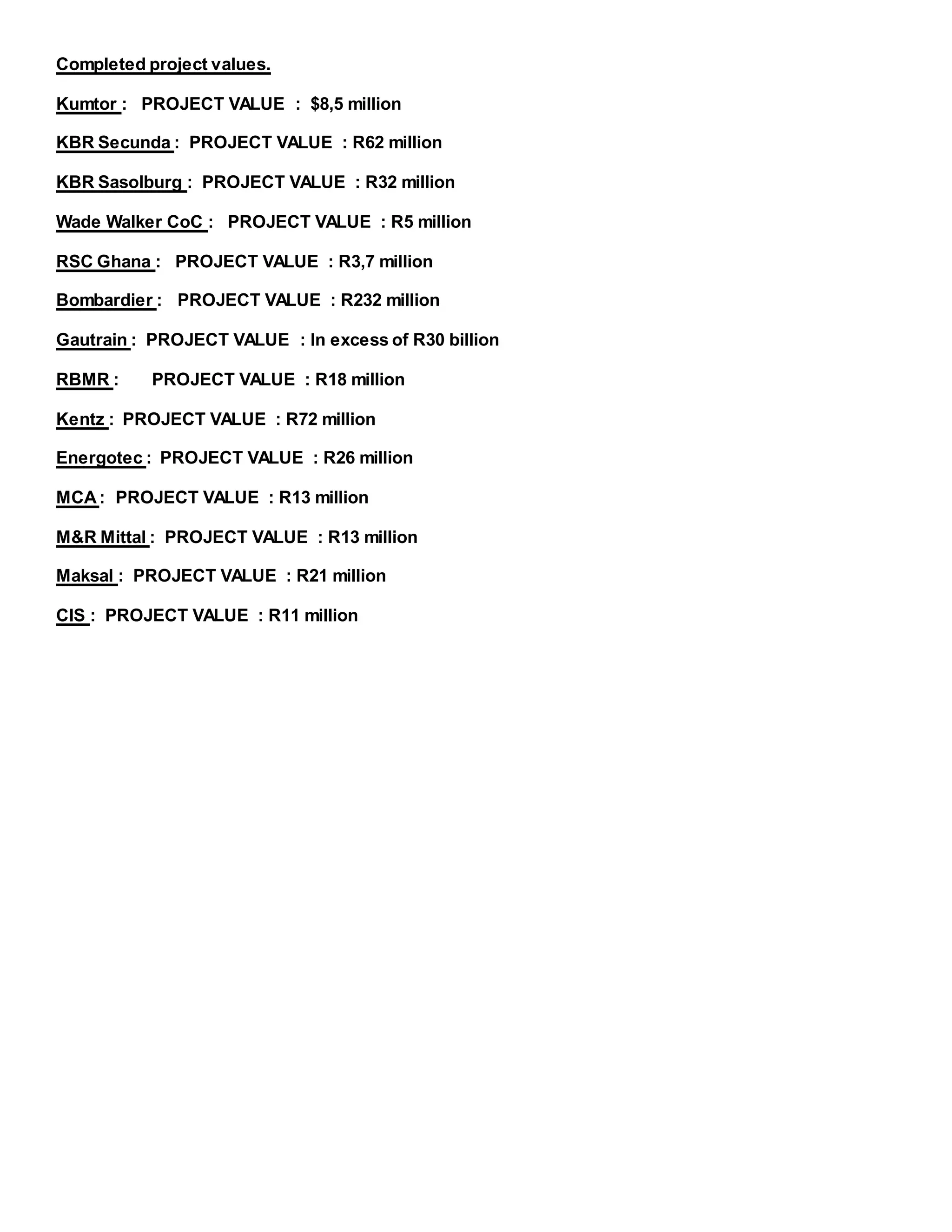 Completed project values. | DOCX | Rail Travel | Travel Type