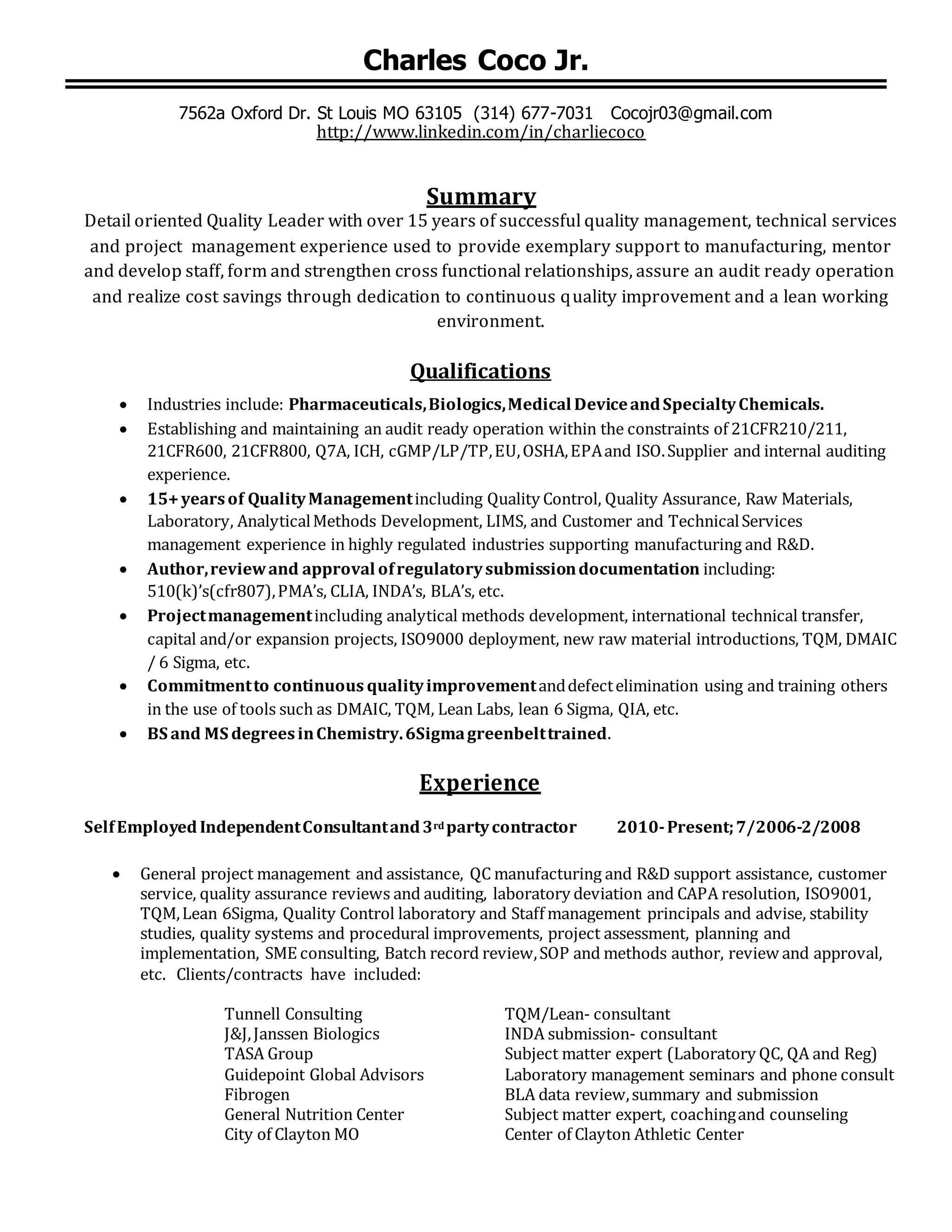 coco quality management resume dec102014 | DOCX