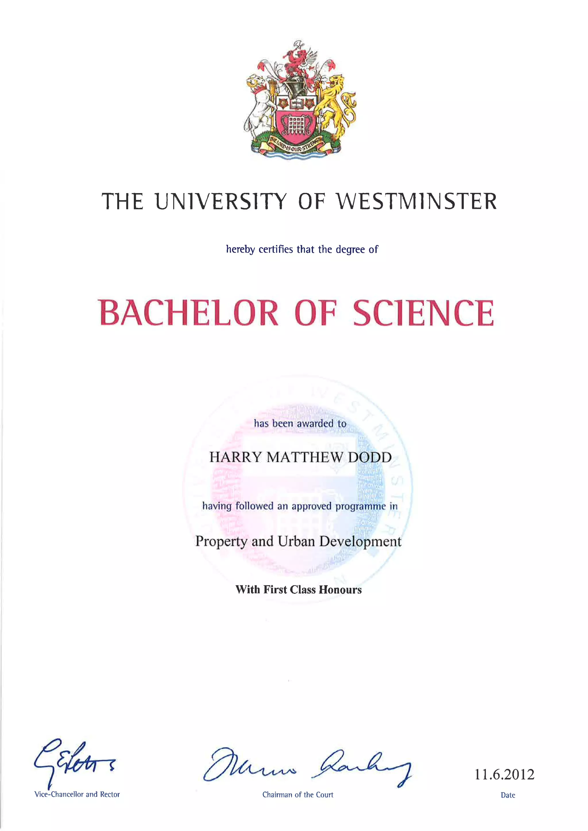 Harry Dodd - BSc Certificate | PDF