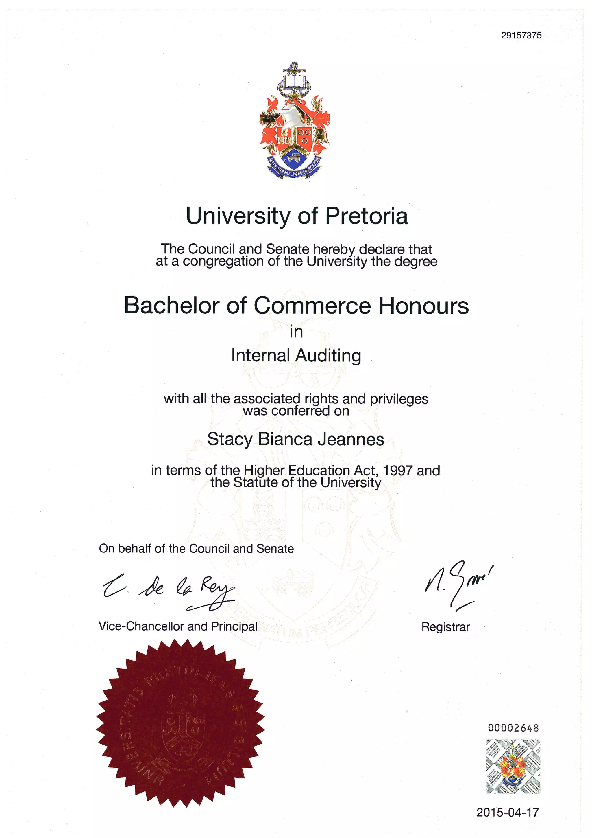 BCom Honours Internal Auditing degree | PDF