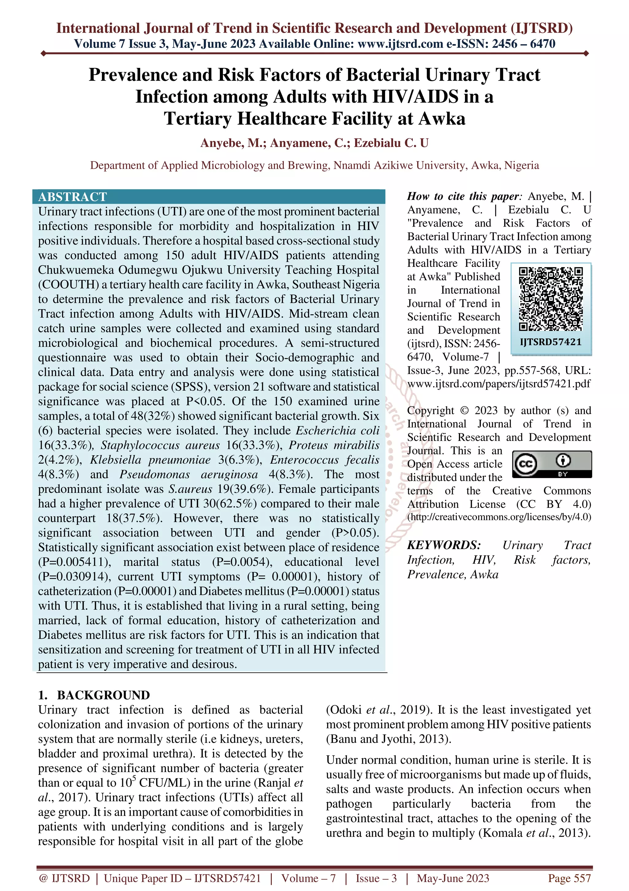 Prevalence and Risk Factors of Bacterial Urinary Tract Infection among ...