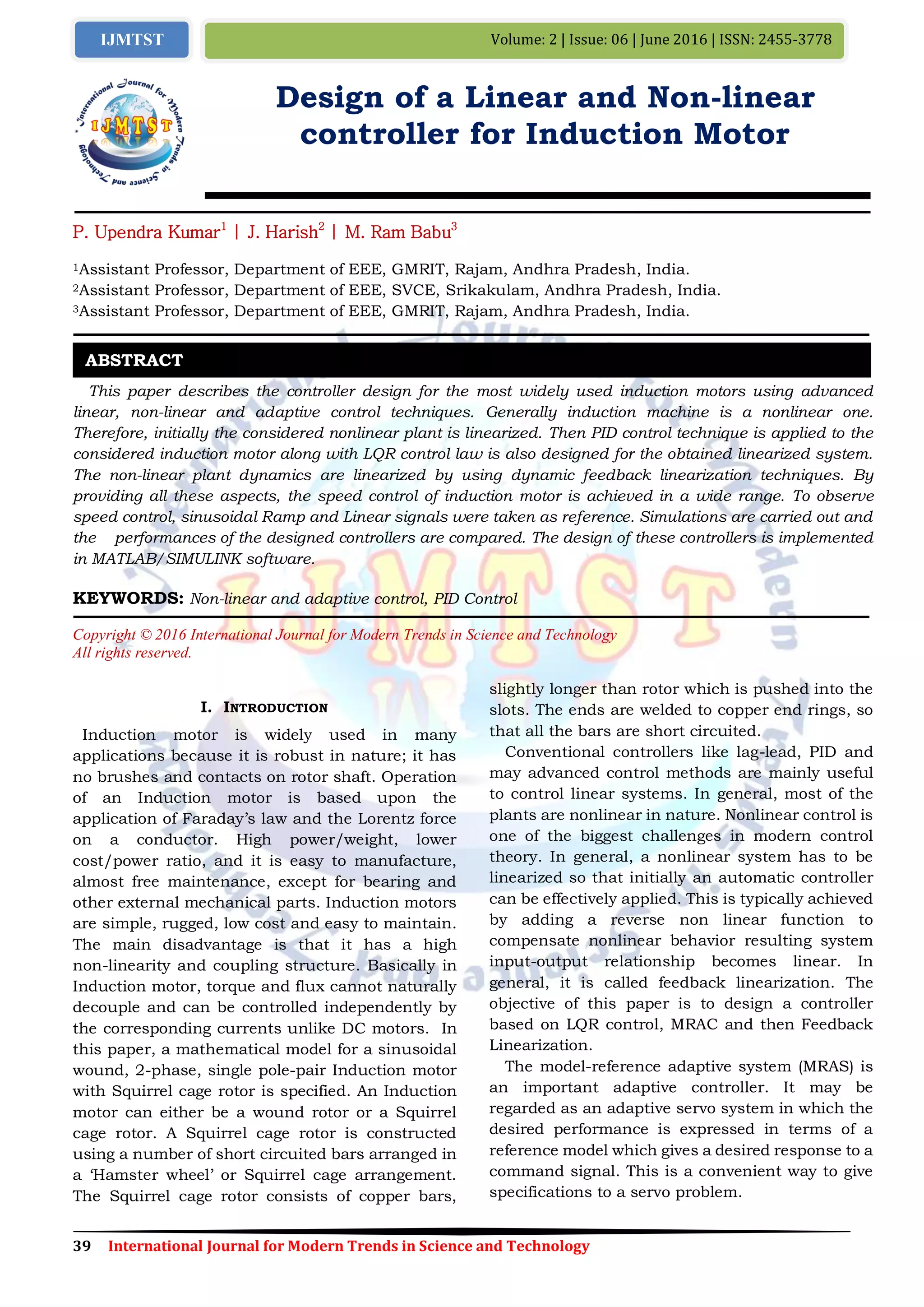 Design of a Linear and Non-linear controller for Induction Motor | PDF