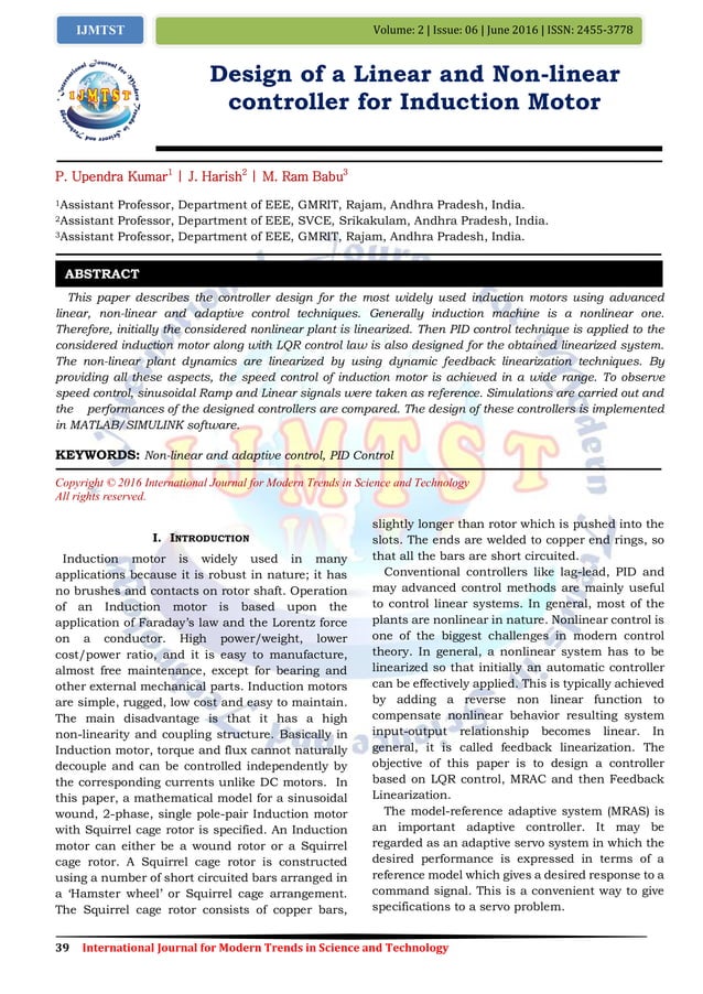 Design of a Linear and Non-linear controller for Induction Motor | PDF