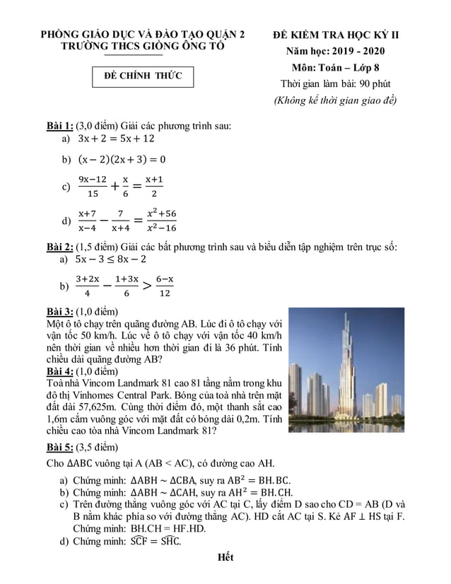 Đề Thi HK2 Toán 8 - THCS Giồng Ông Tố | DOCX