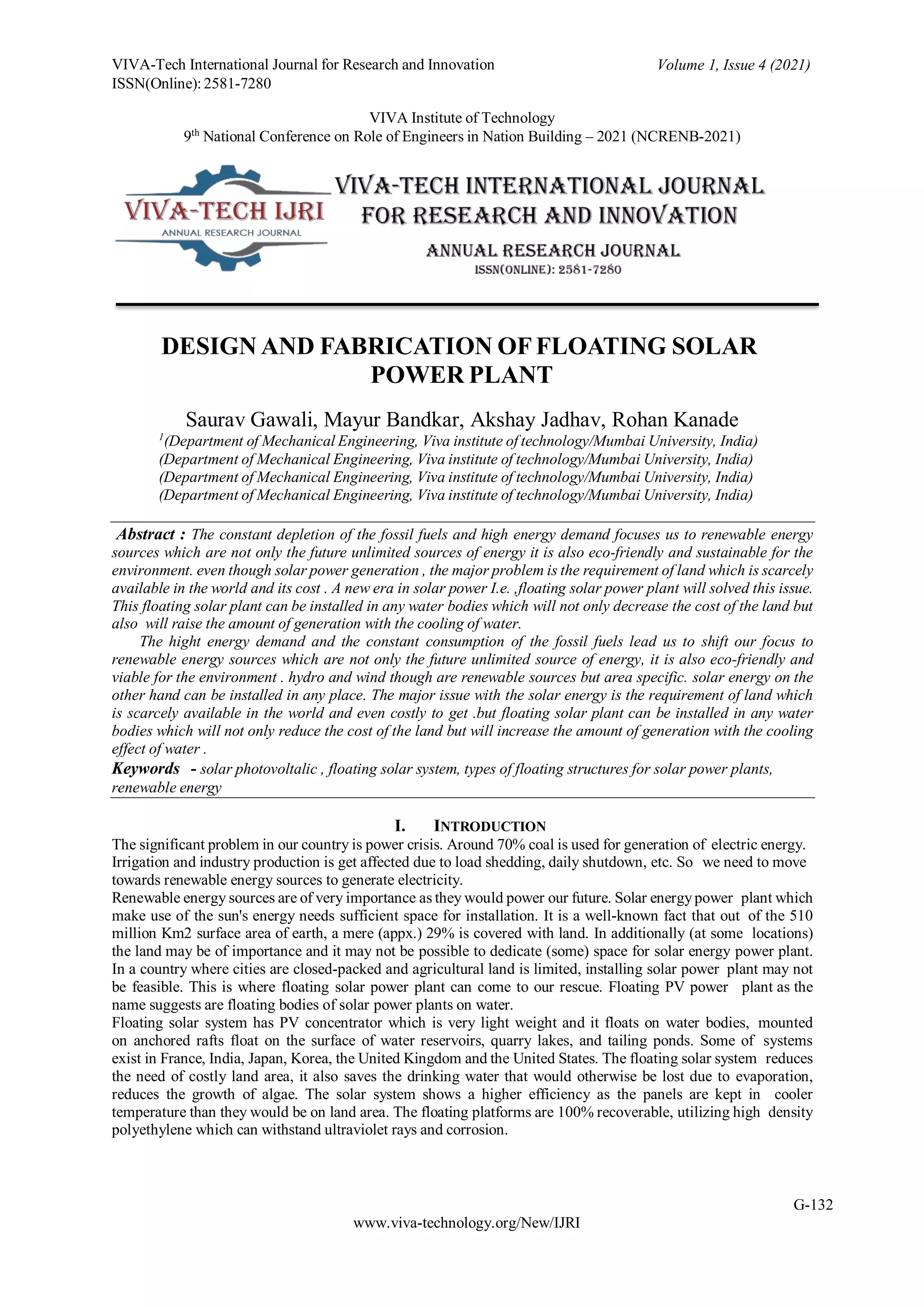 DESIGN AND FABRICATION OF FLOATING SOLAR POWER PLANT | PDF