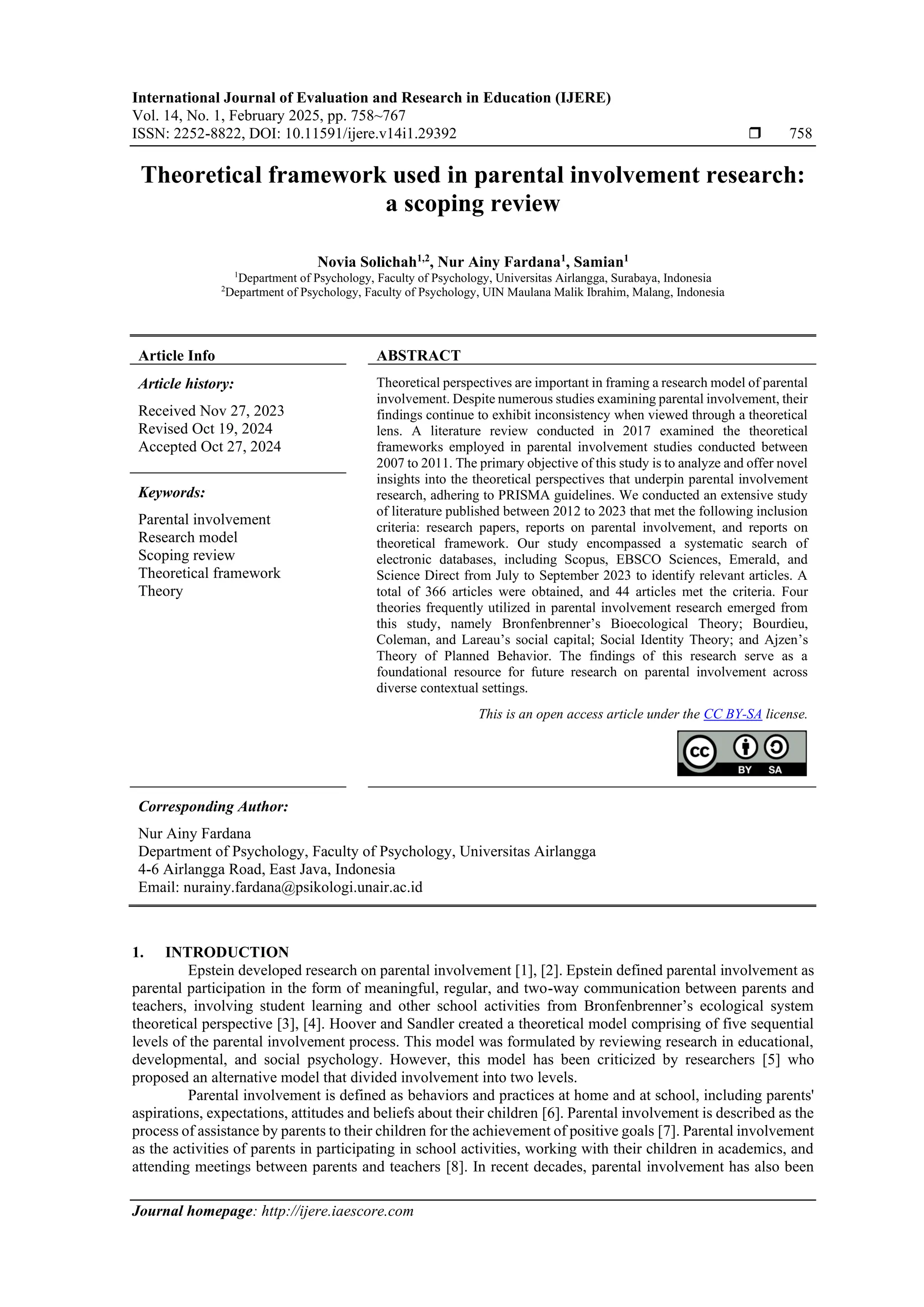Theoretical framework used in parental involvement research: a scoping ...