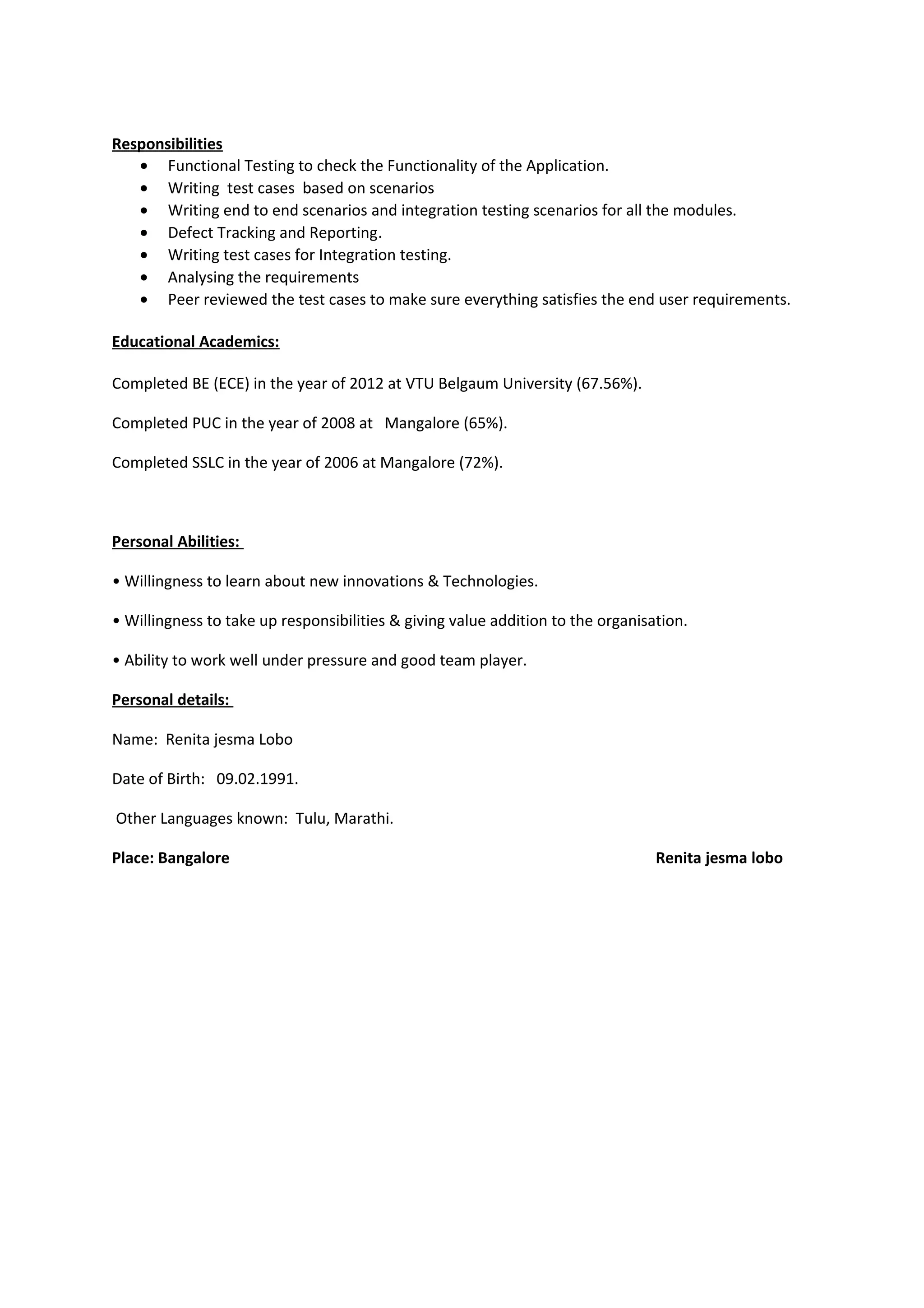 renita lobo-CV-Automation | DOC | Databases | Computer Software and ...