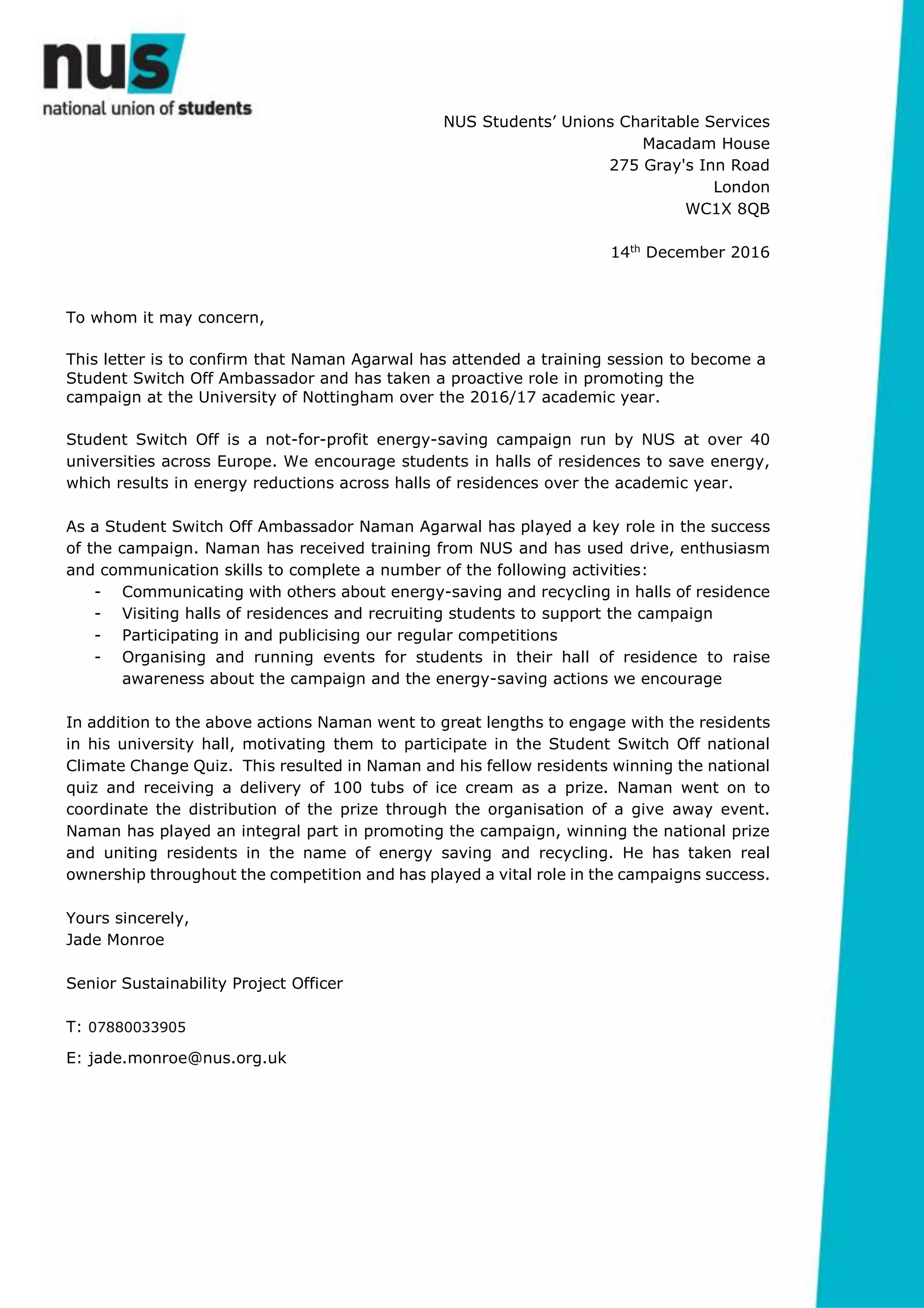 Naman Agarwal Ambassador NUS Reference | PDF