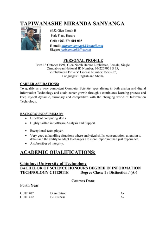 CV for TAPIWANASHE MIRANDA SANYANGA | PDF | Computing | Technology & Computing