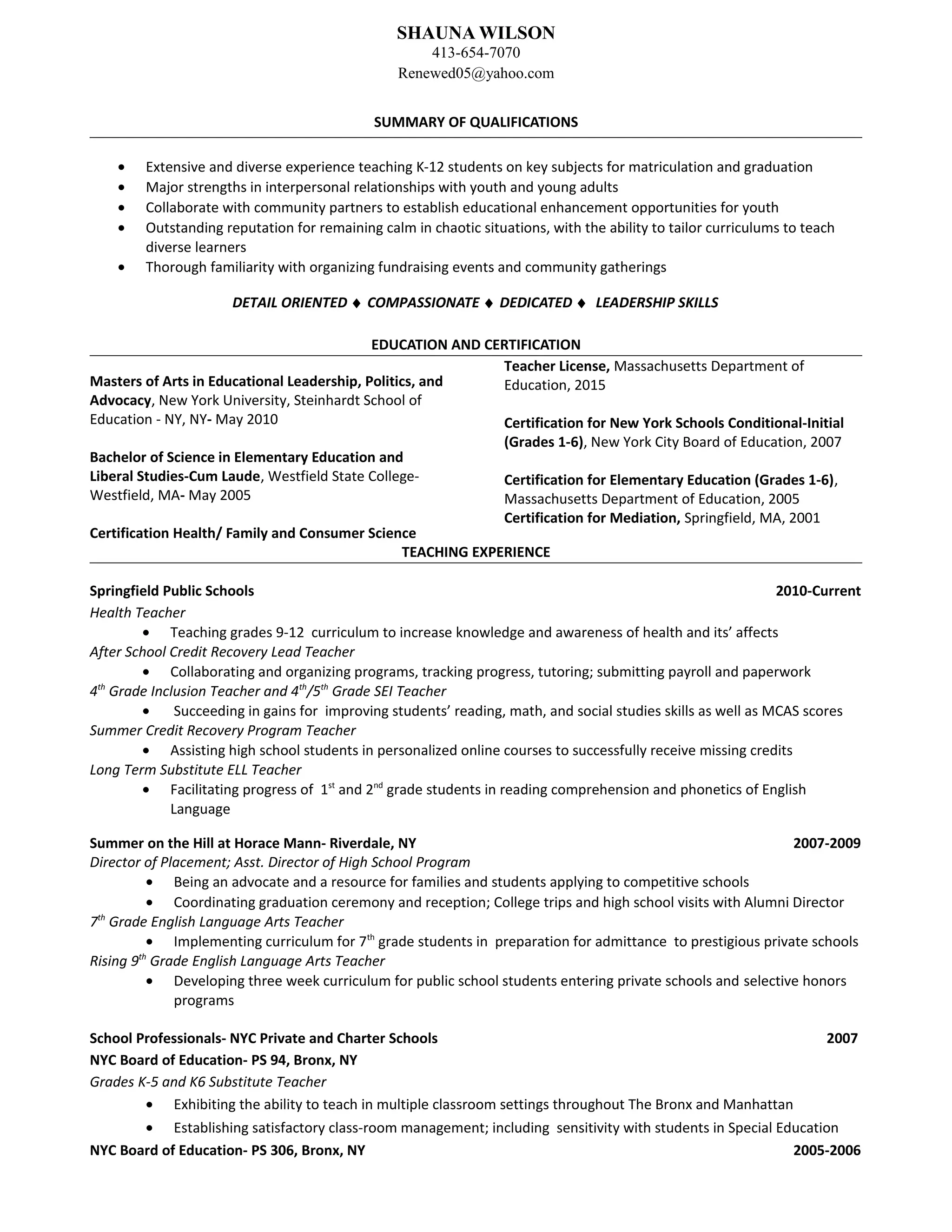 S Wilson 2016 Resume | DOC