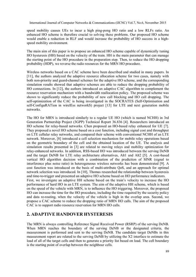 ADAPTIVE HANDOVER HYSTERESIS AND CALL ADMISSION CONTROL FOR MOBILE RELAY NODES | PDF