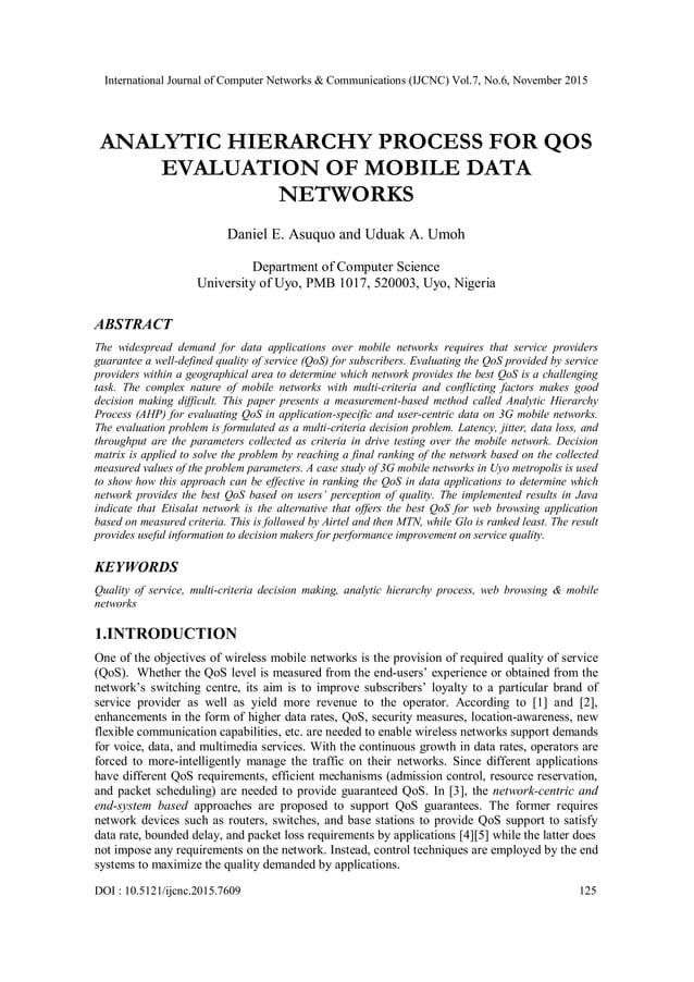 ANALYTIC HIERARCHY PROCESS FOR QOS EVALUATION OF MOBILE DATA NETWORKS | PDF