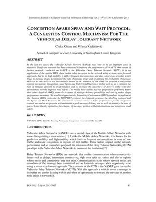 CONGESTION AWARE SPRAY AND WAIT PROTOCOL: A CONGESTION CONTROL MECHANISM FOR THE VEHICULAR DELAY ...