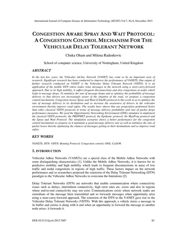 CONGESTION AWARE SPRAY AND WAIT PROTOCOL: A CONGESTION CONTROL MECHANISM FOR THE VEHICULAR DELAY ...
