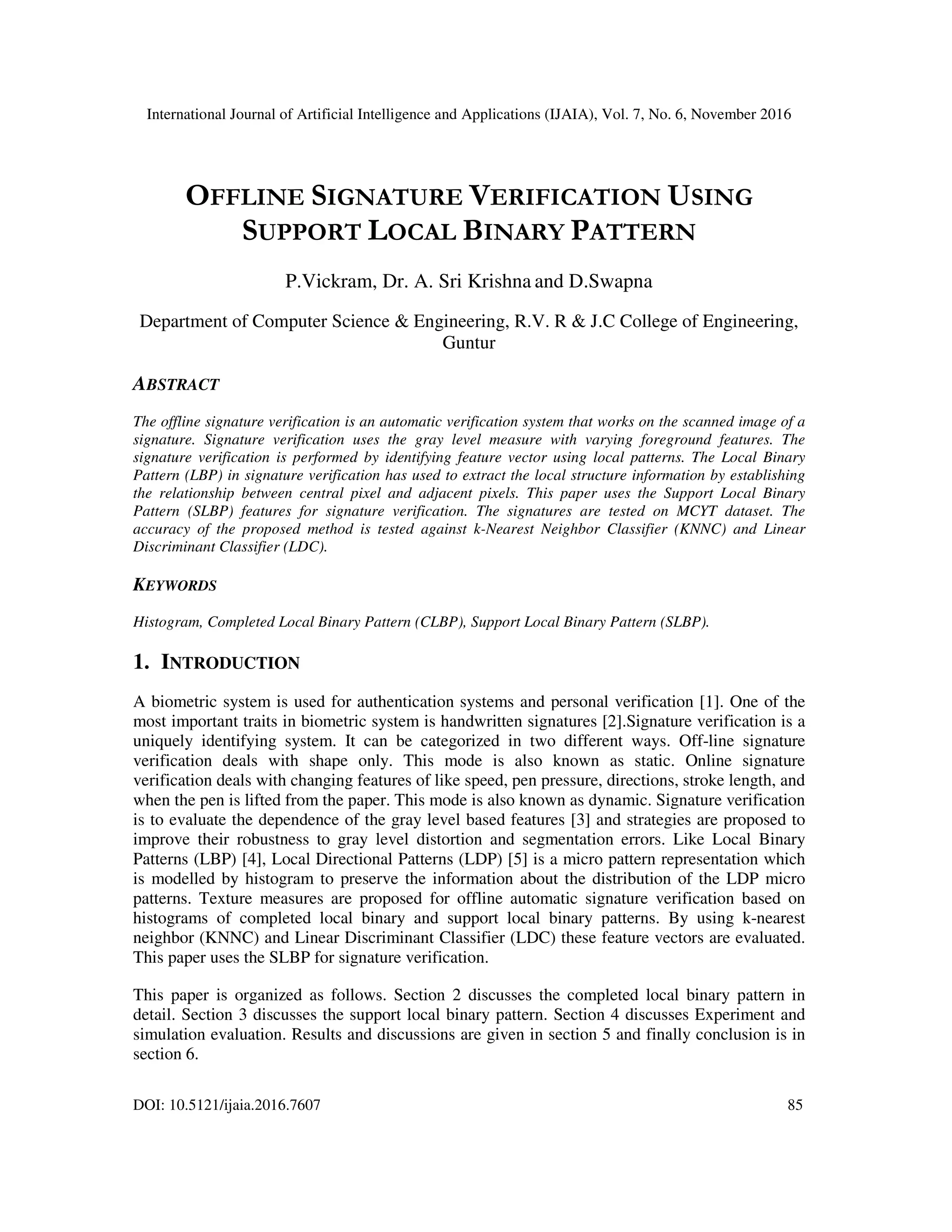OFFLINE SIGNATURE VERIFICATION USING SUPPORT LOCAL BINARY PATTERN | PDF