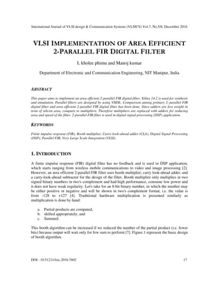 VLSI IMPLEMENTATION OF AREA EFFICIENT 2-PARALLEL FIR DIGITAL FILTER | PDF