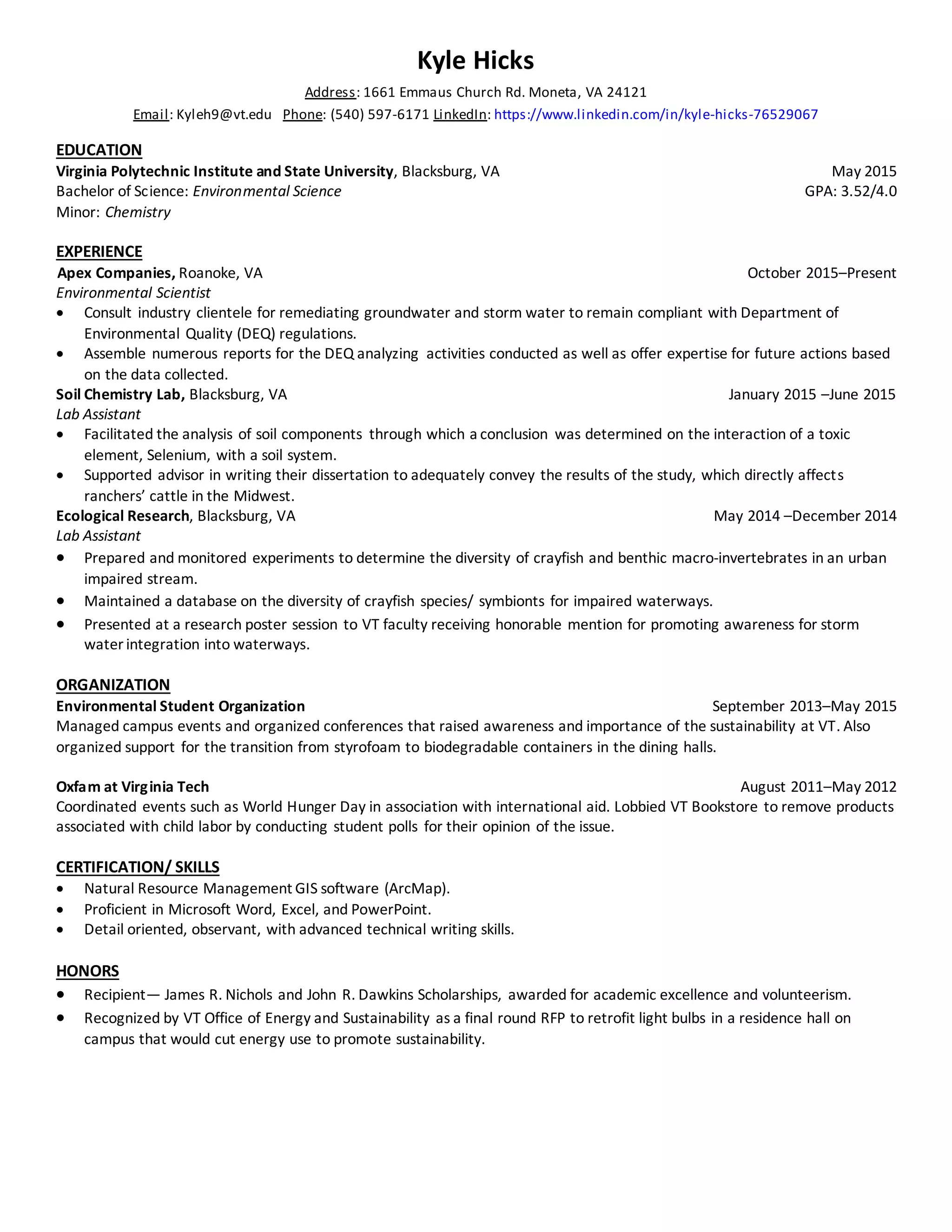 Kyle Hicks Resume | DOCX | Environment | Science