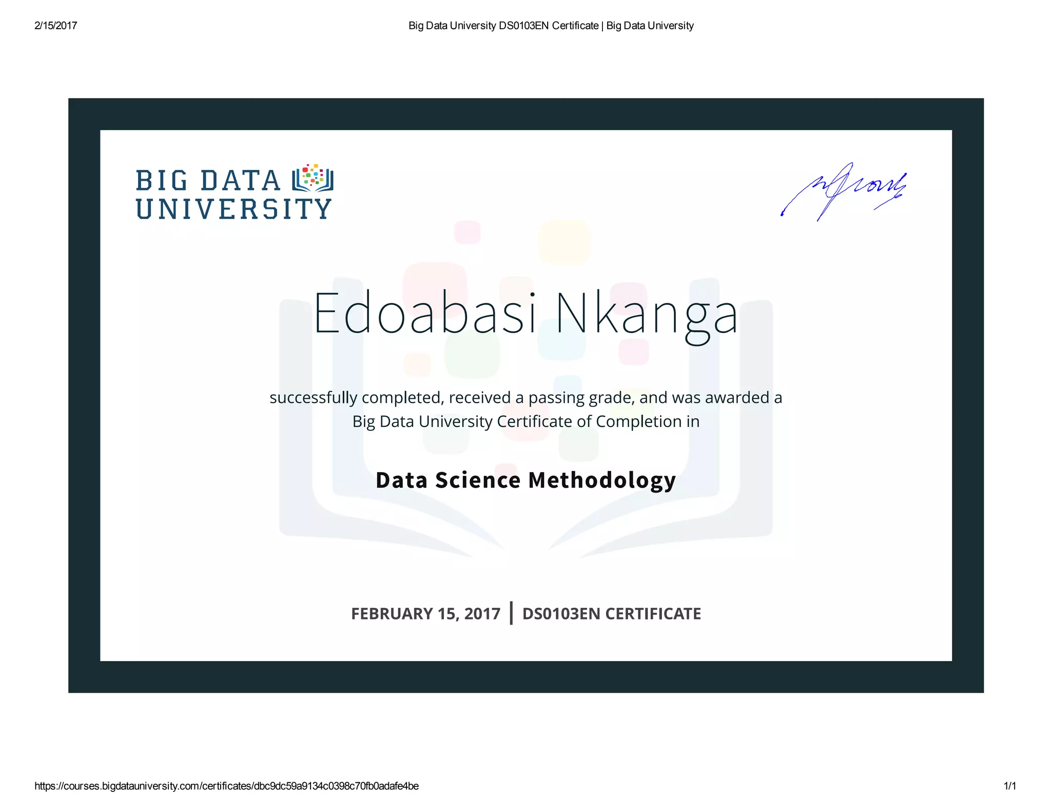 Big Data University DS0103EN Certificate _ Big Data University | PDF
