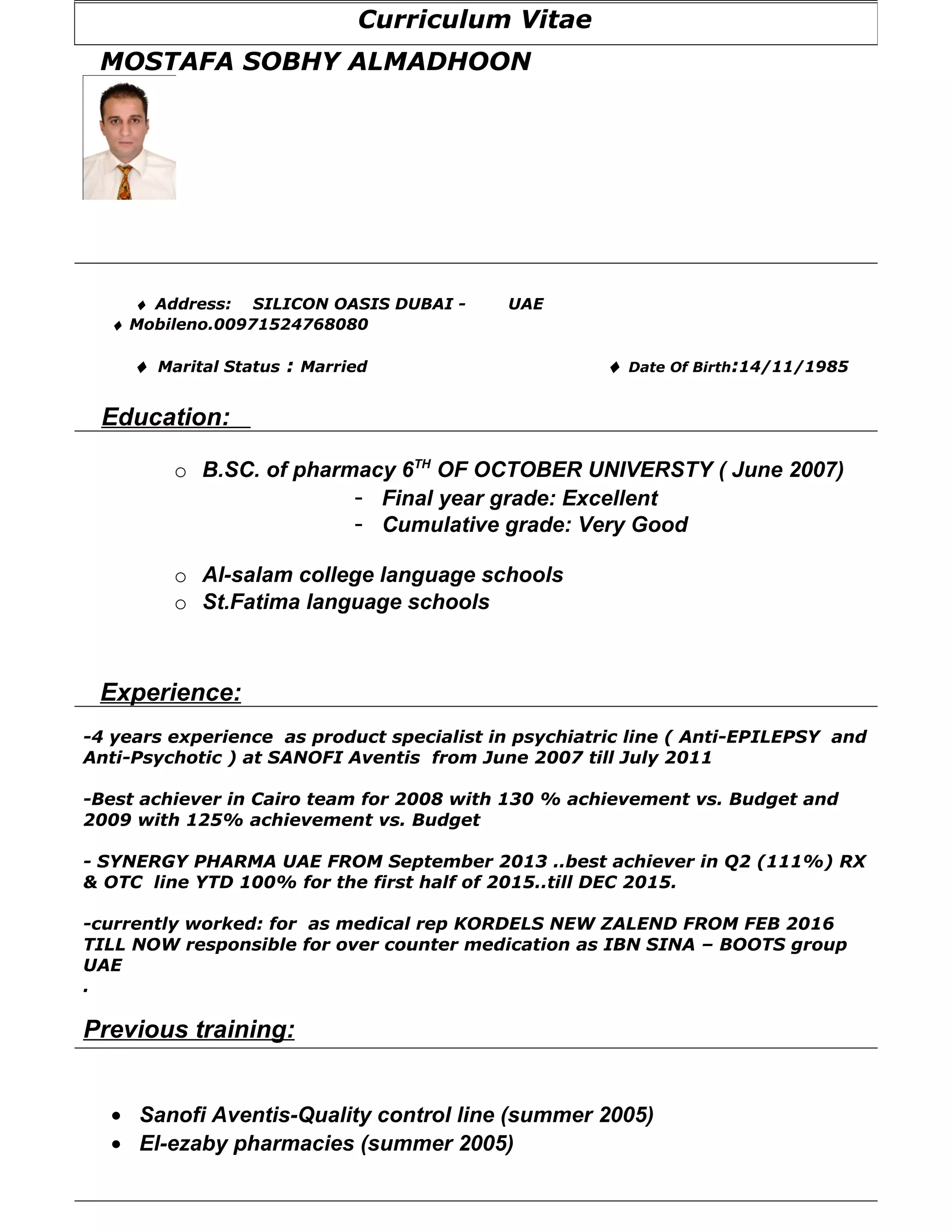 CV of MOSTAFA SOBHY AL MADHOON 2016 | DOC