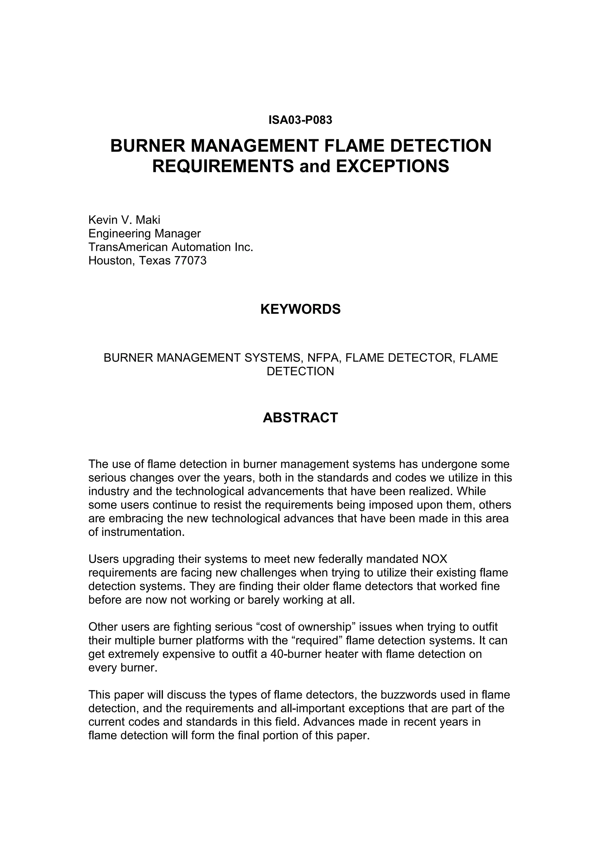 Burner Management Flame Detection Requirements and Exceptions | PDF