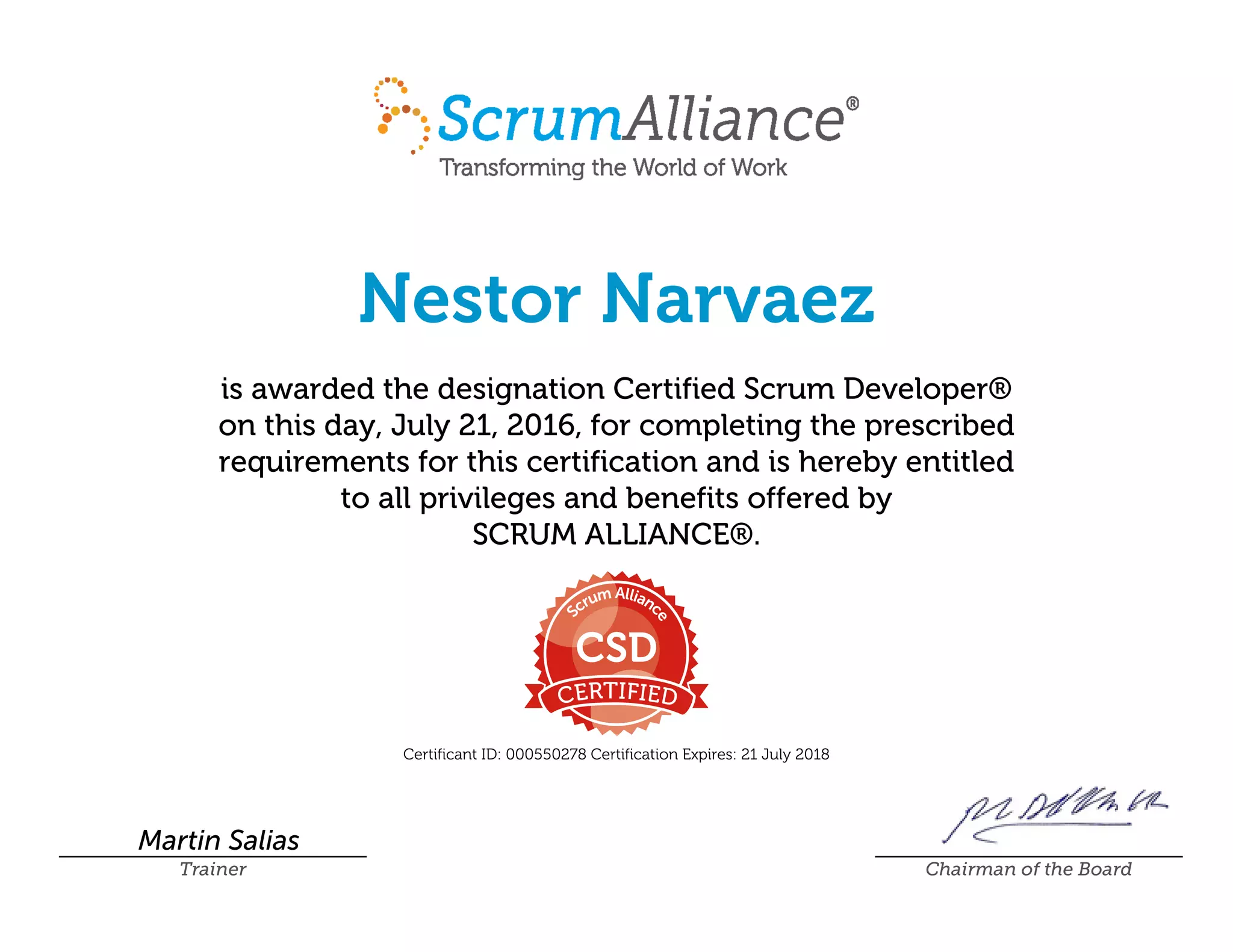 Nestor Narvaez-ScrumAlliance_CSD_Certificate | PDF | Internet Safety ...