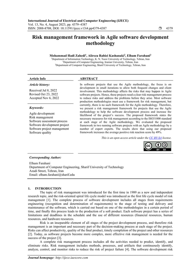 Risk management framework in Agile software development methodology | PDF