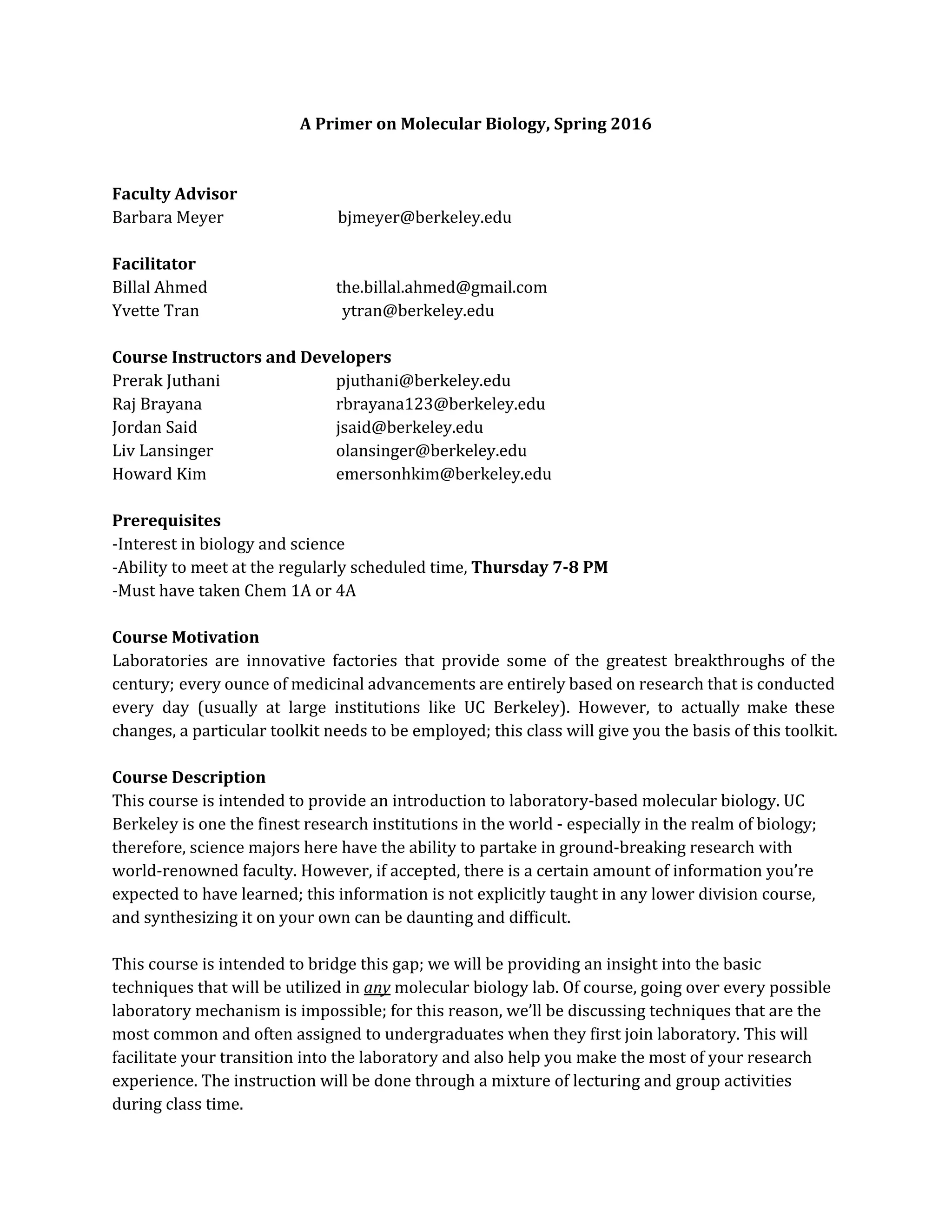 A Primer on Molecular Biology, Spring 2016 Syllabus | PDF