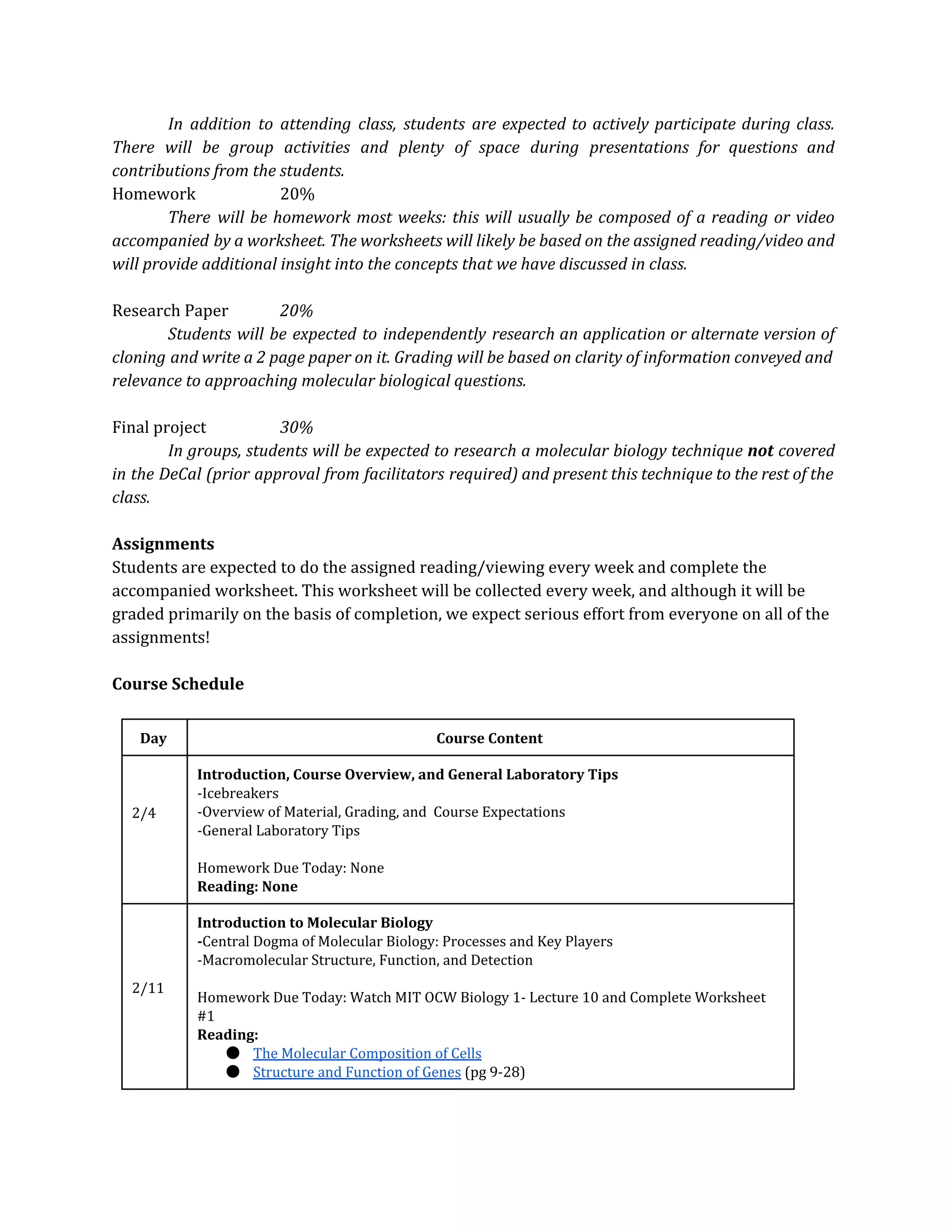 A Primer on Molecular Biology, Spring 2016 Syllabus | PDF