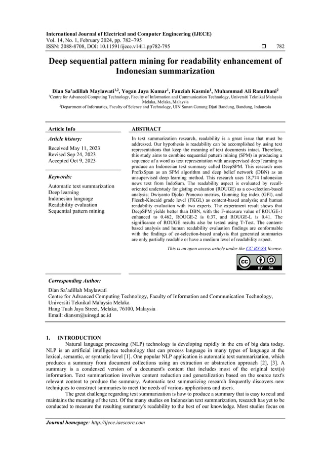 Deep Sequential Pattern Mining For Readability Enhancement Of Indonesian Summarization Pdf