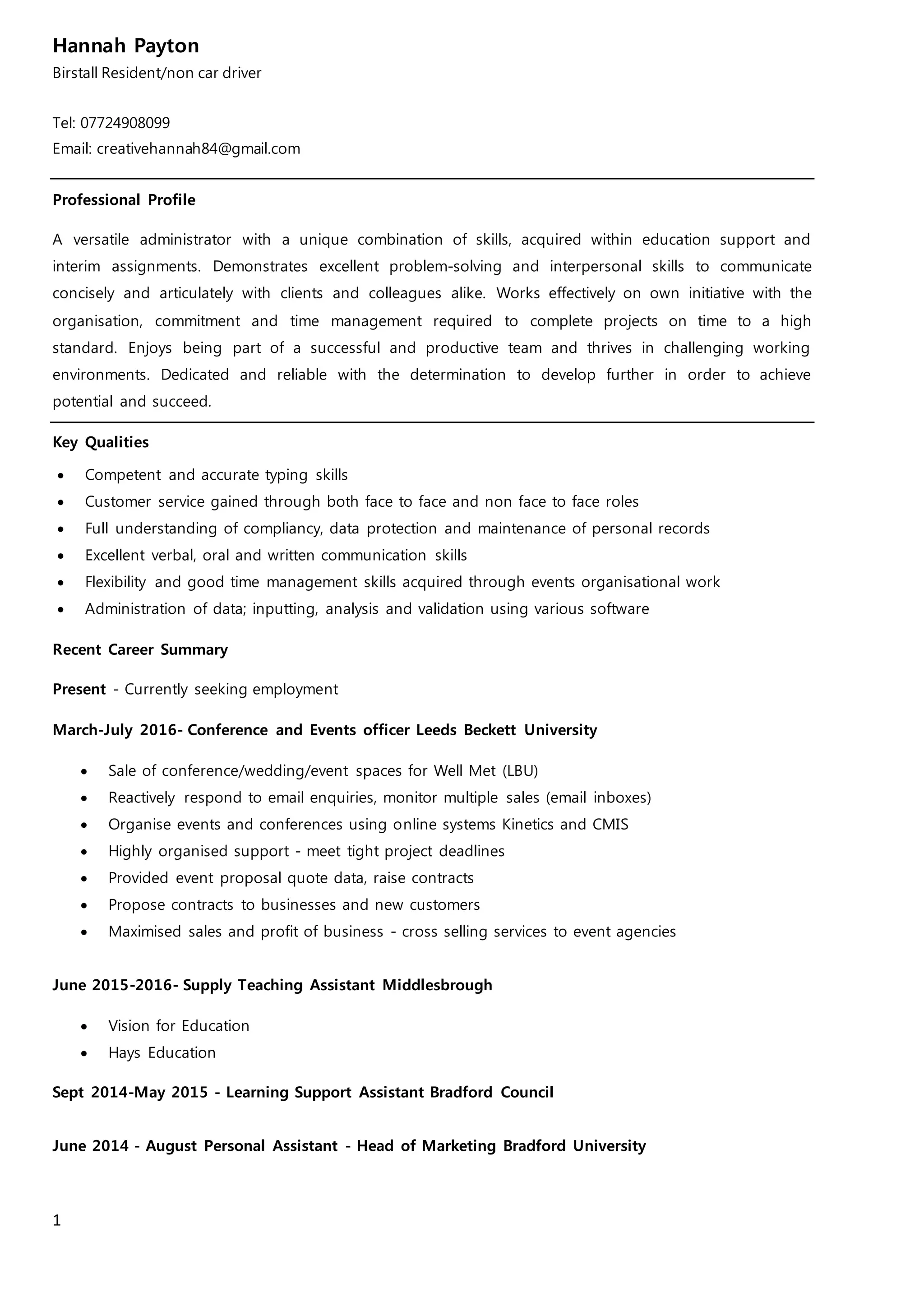 Hannah Payton CV Linked In | DOCX