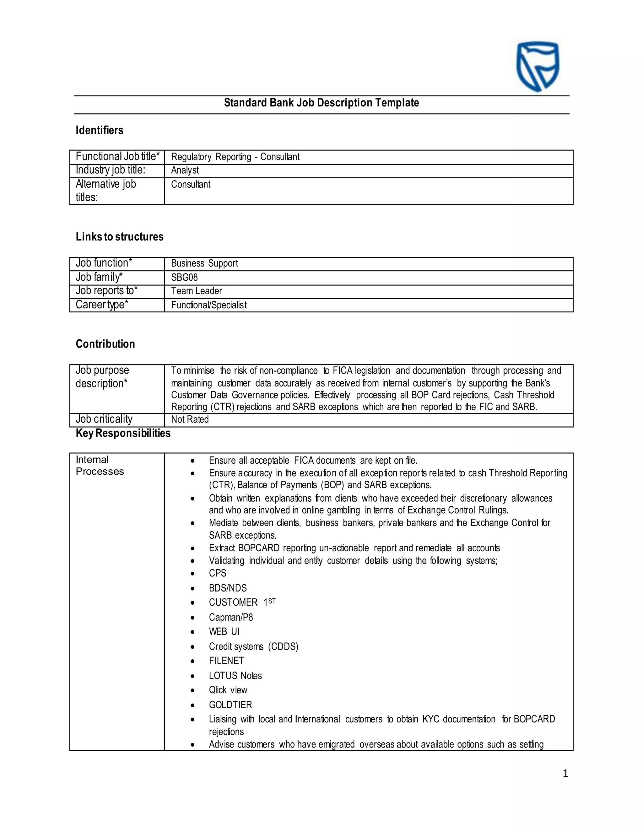 Standard Bank Job Description Template- Regulatory Reporting | DOCX
