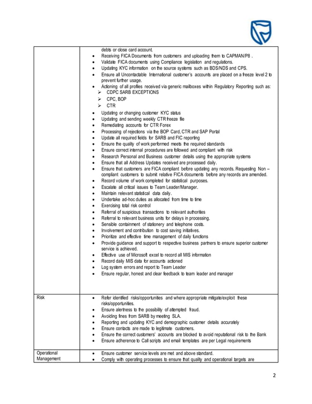 Standard Bank Job Description Template- Regulatory Reporting | DOCX